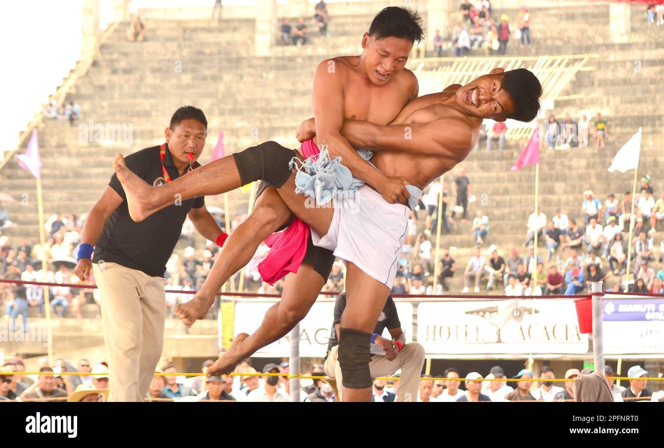 Dimapur, India. 18th Mar, 2023. Naga Wrestlers compete in a bout during ...