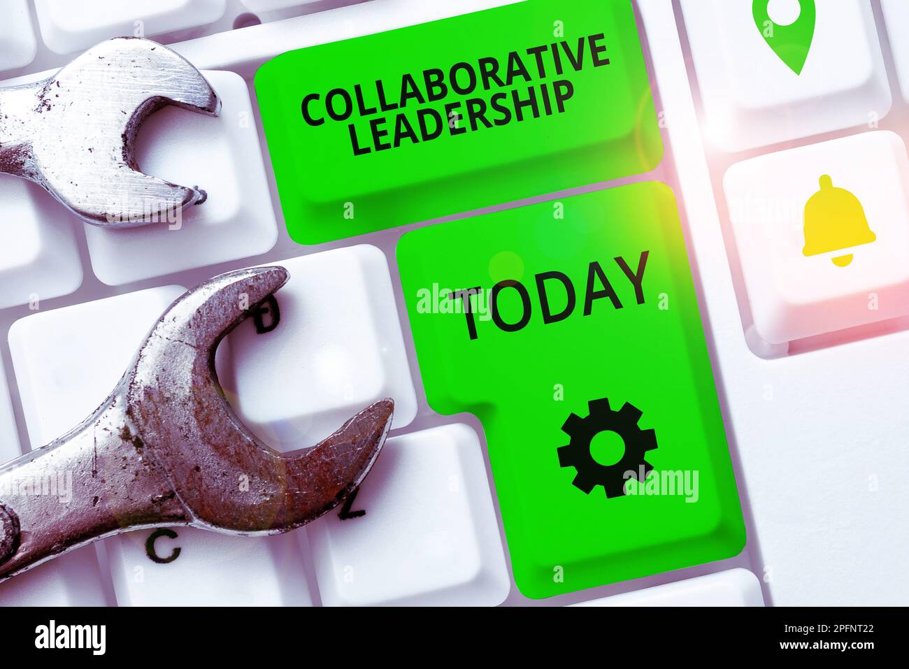 Hand writing sign Collaborative Leadership. Business idea people and ...