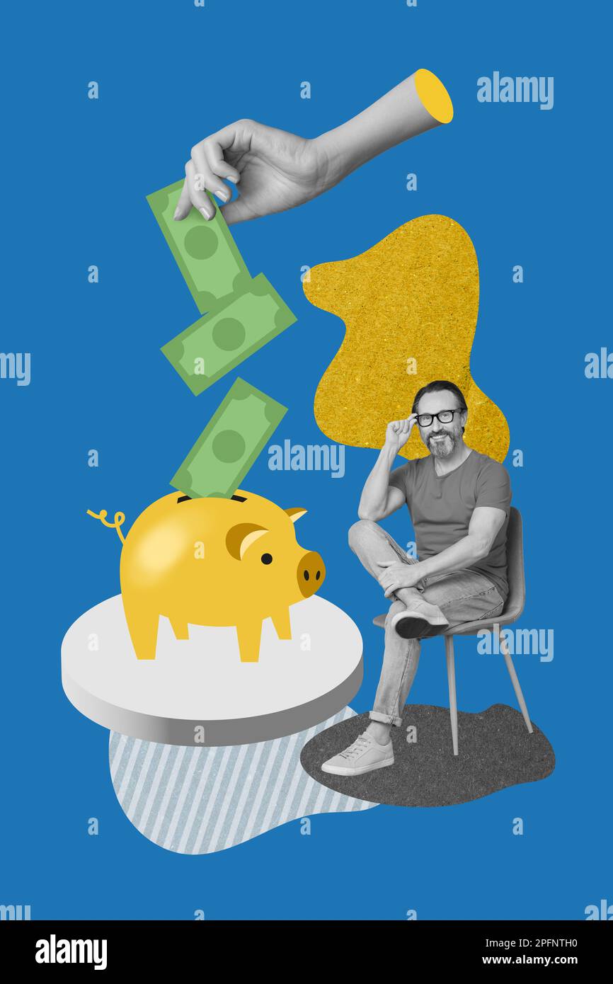 Collage artwork graphics picture of happy smiling guy collecting cash ...