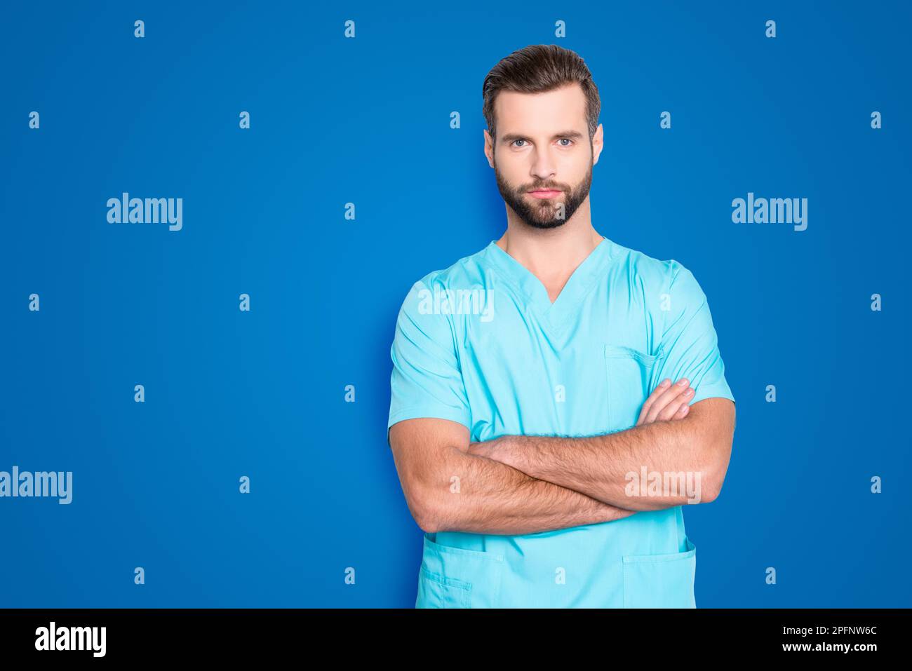 Portrait with copy space, empty place of virile harsh man with stubble ...