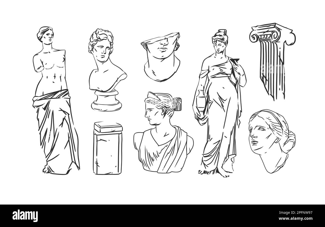 Hand drawn vector abstract outline,graphic,line greek ancient sculpture ...