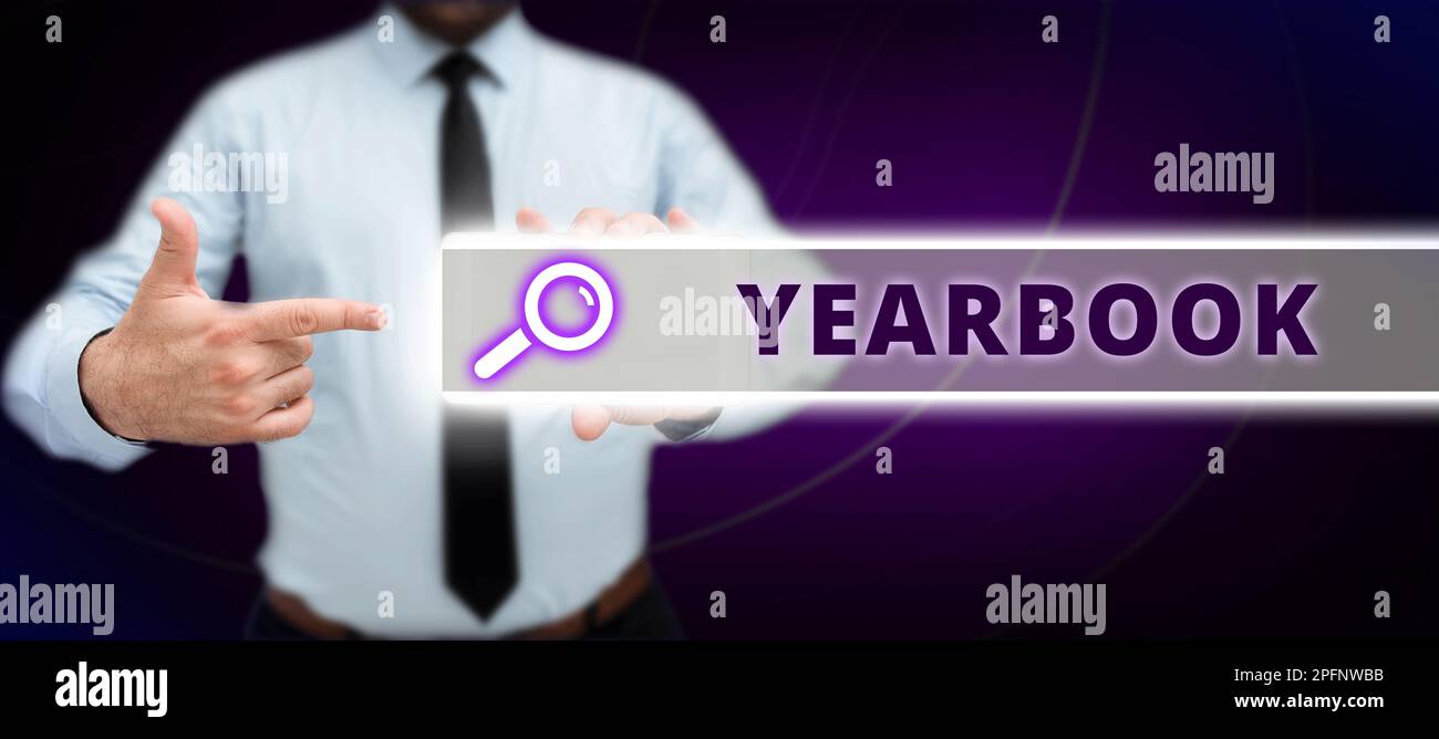 Sign displaying Yearbook. Business concept publication compiled by ...