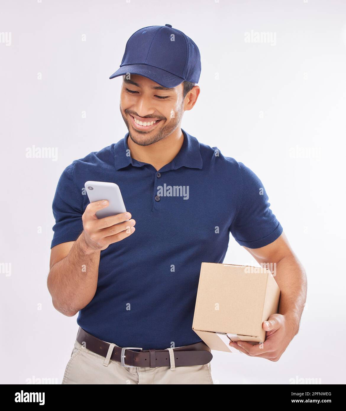 Delivery man, package and smile with phone and box, ecommerce and ...