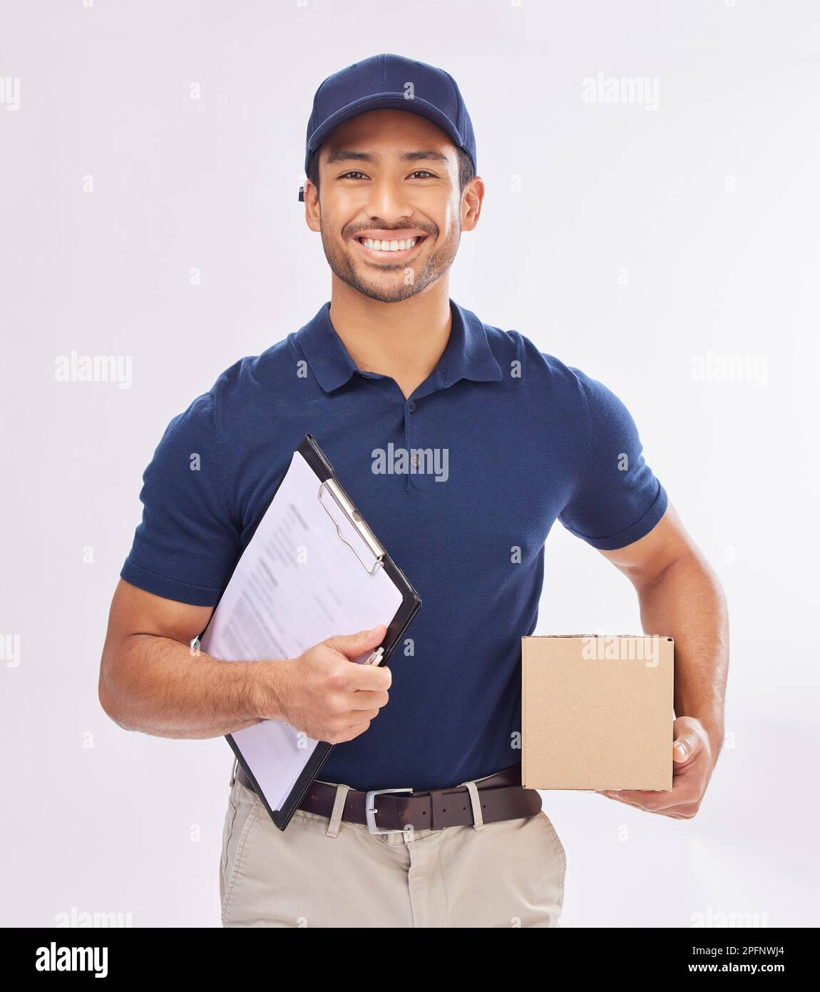 Delivery man, package and portrait, happy and clipboard for signature ...