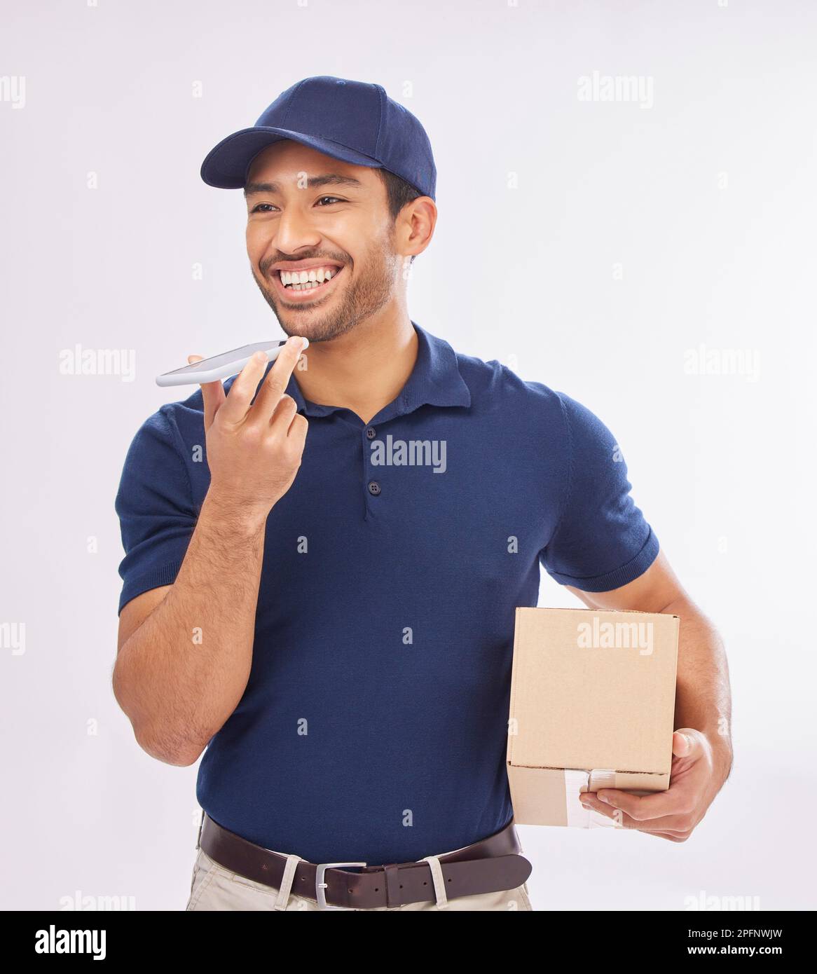 Courier, delivery and Asian man with box, phone call and success ...