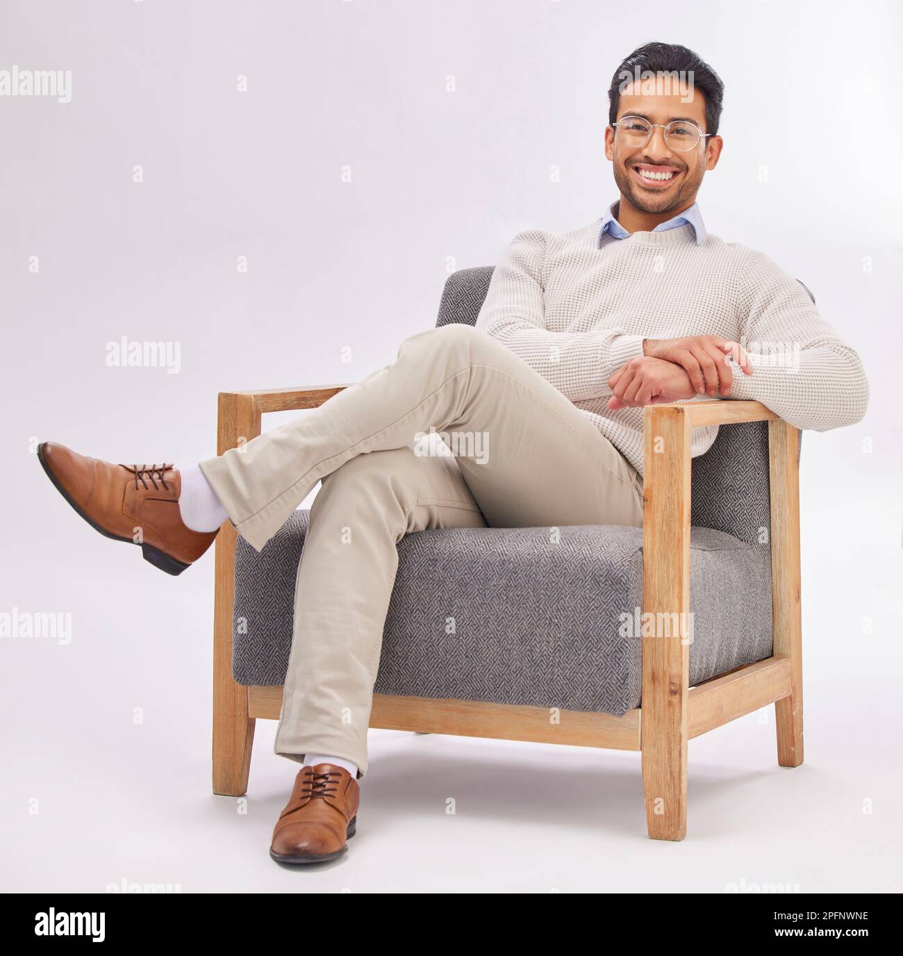 Confident, chair and portrait of entrepreneur sitting happy with a ...