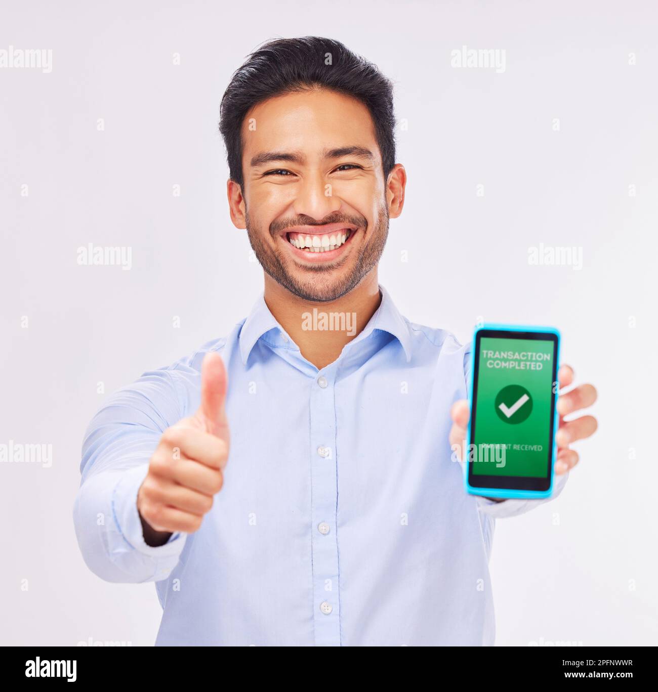 Asian man, portrait and phone with thumbs up for transaction approval ...
