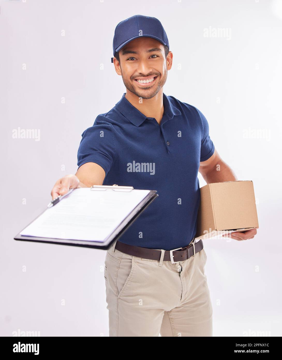 Delivery man, package in portrait and smile, clipboard for signature ...