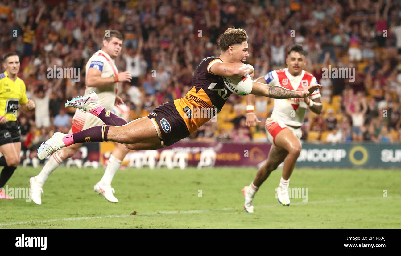 Reece Walsh of the Broncos scores a try during the NRL Round 3 match between the Brisbane ...