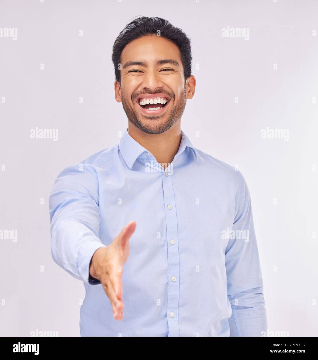 Portrait, laughing and business man with handshake in studio isolated ...