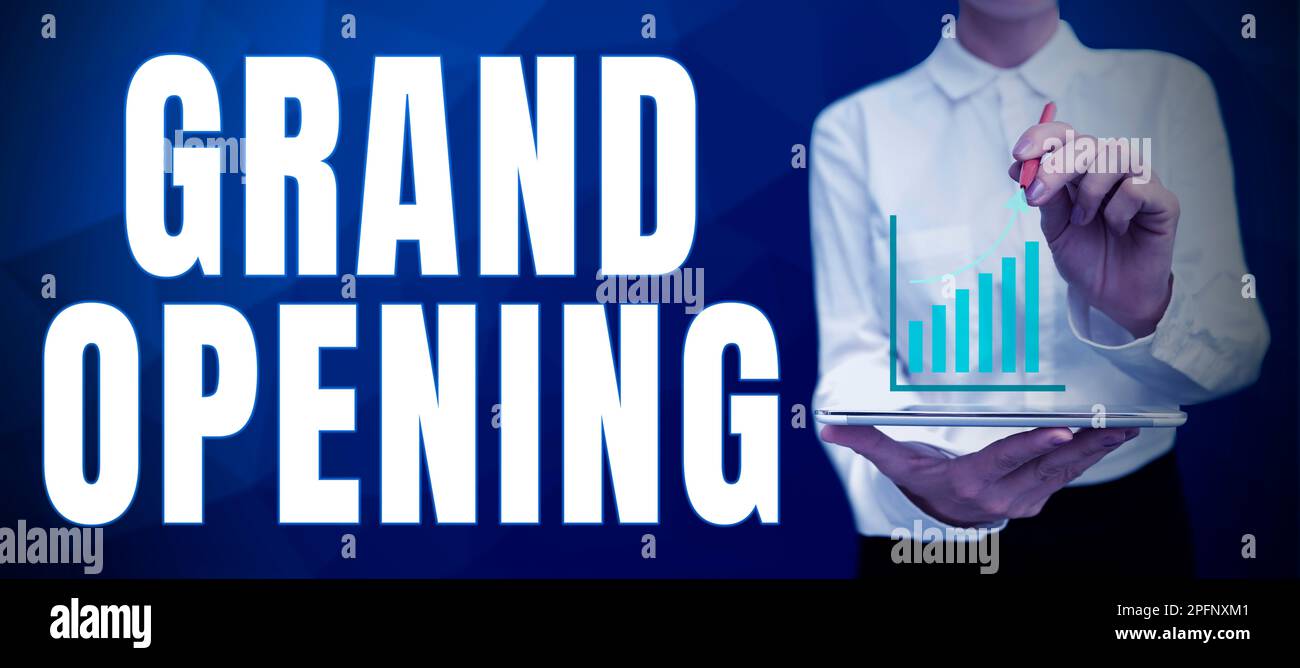 Hand writing sign Grand Opening. Business showcase Ribbon Cutting New ...