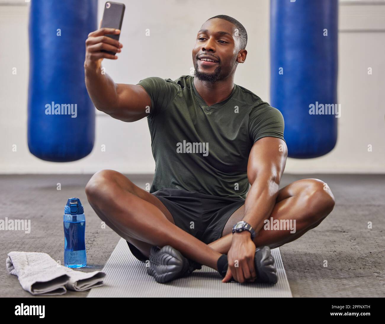 Selfie, happy black man and gym sports for training, exercise and ...