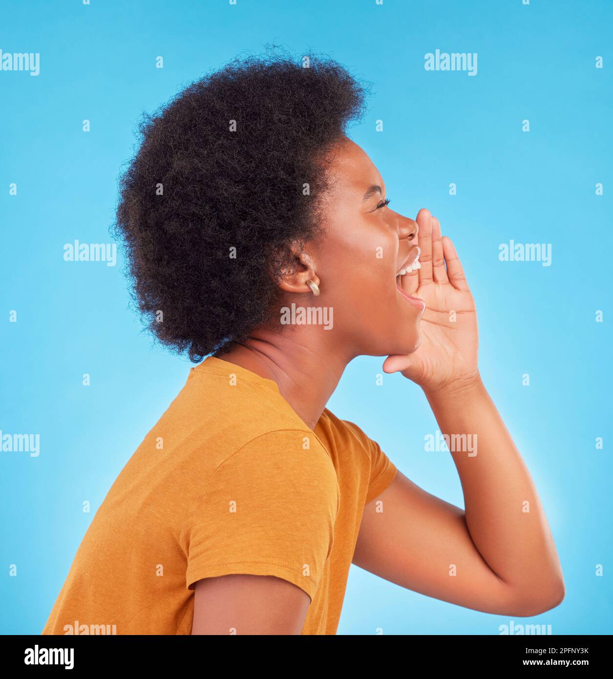 Shout, news and profile of black woman on blue background for ...