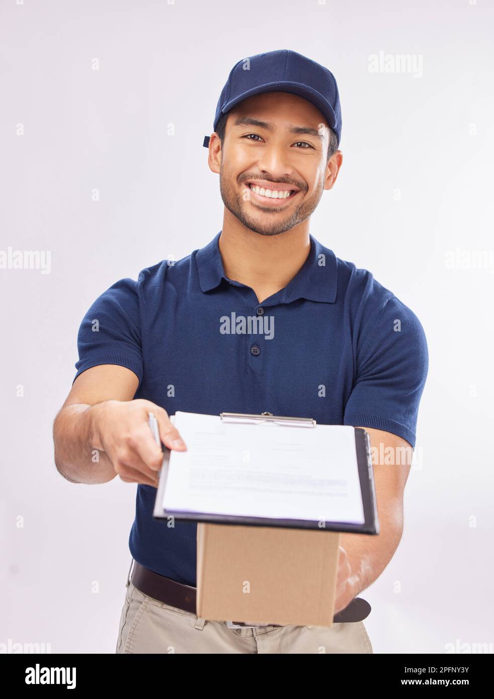 Delivery man, box in portrait and happy, clipboard for signature and ...