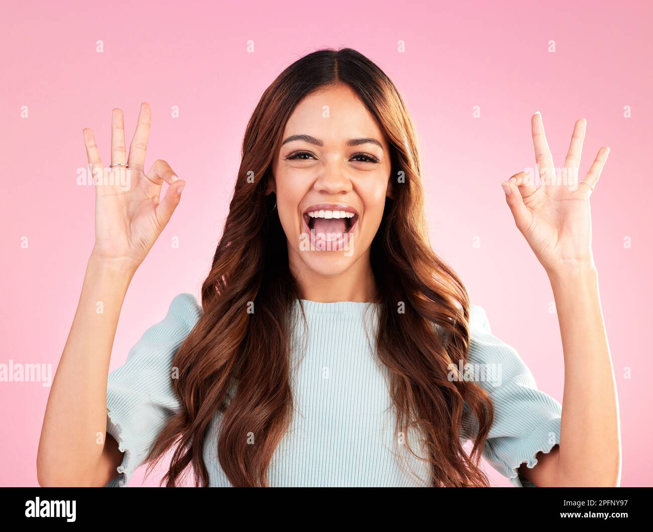 Portrait, like and woman with ok sign, success and support with girl ...