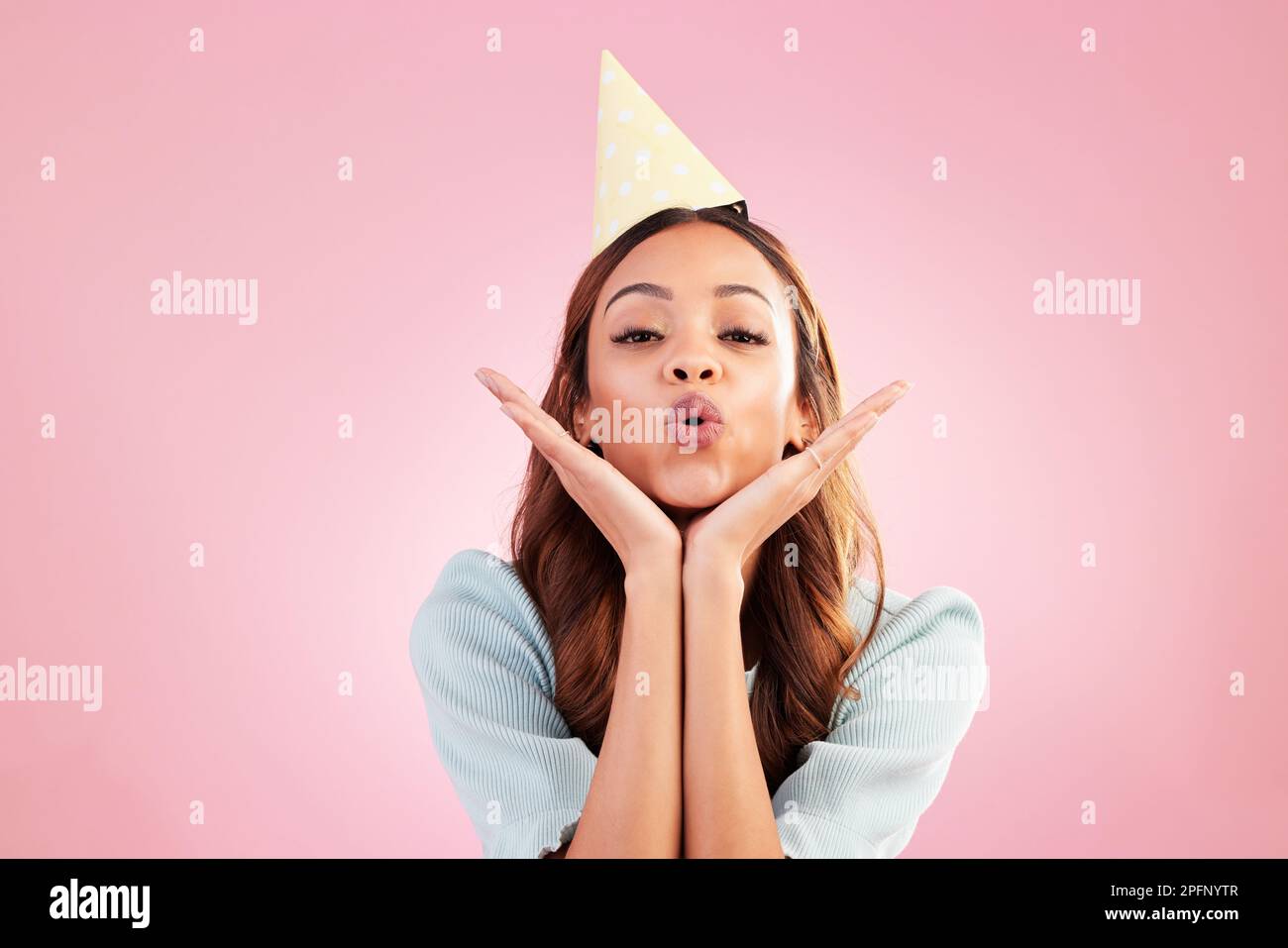 Birthday woman, face portrait and kiss for celebration event ...
