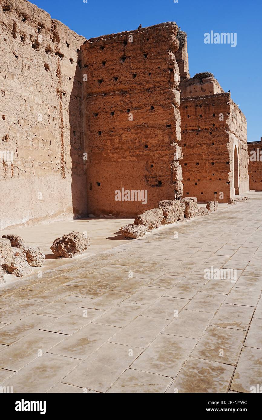 Walls of El Badi palace at african city of Marrakech in Morocco, clear ...