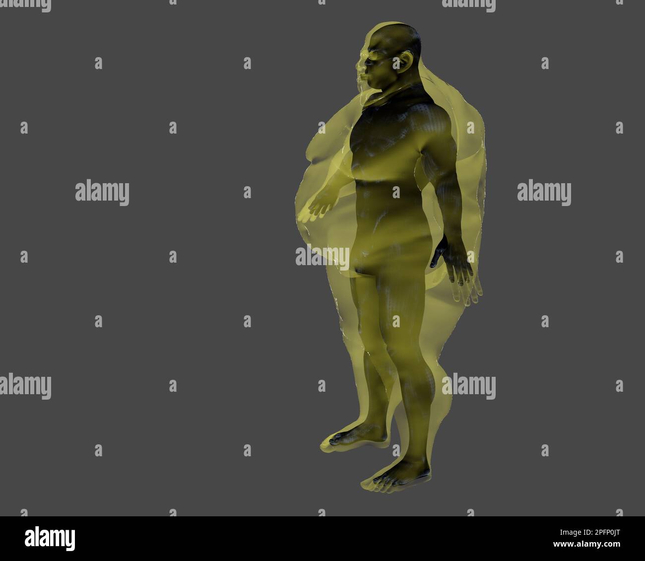 3D render. Athletic man inside an obese body on a gray background. Copy ...