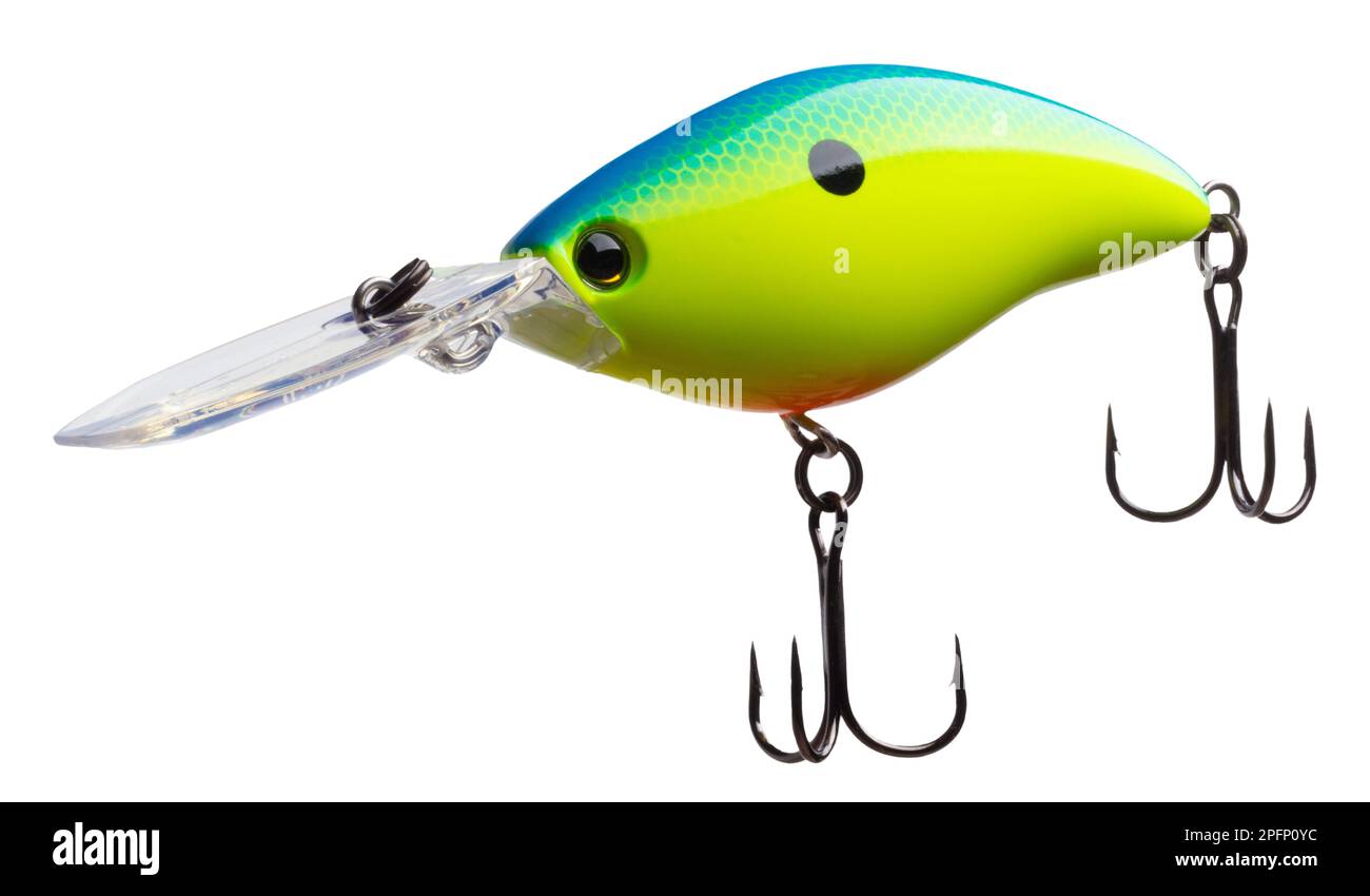Angled view of a deep diving yellow and blue fishing lure Stock Photo ...