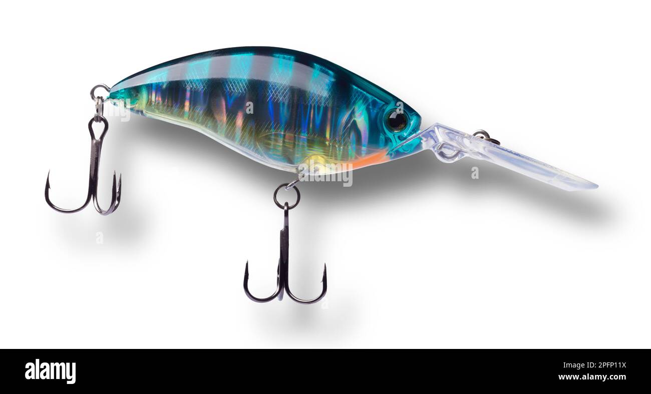 Side view of a blue and gold fishing lure with treble hooks and drop ...