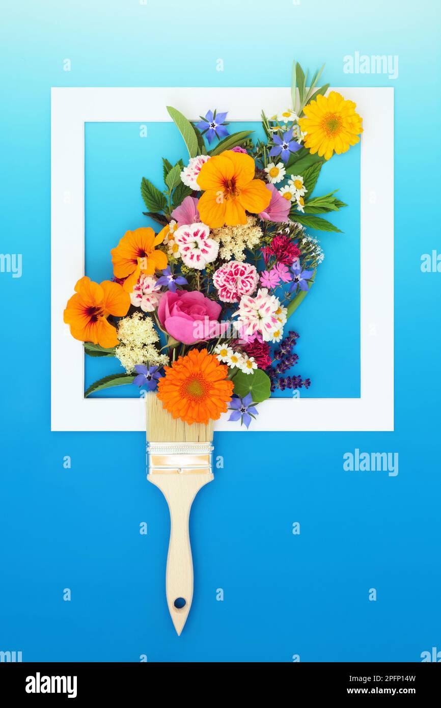 Surreal paintbrush edible flower and herb splash bouquet composition ...