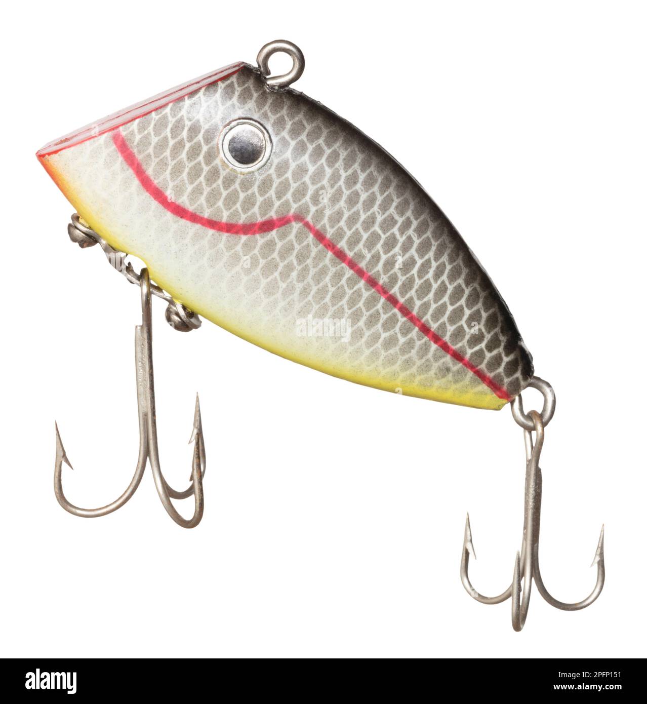 Flat front on an articifial fishing lure that is black, red, white and ...
