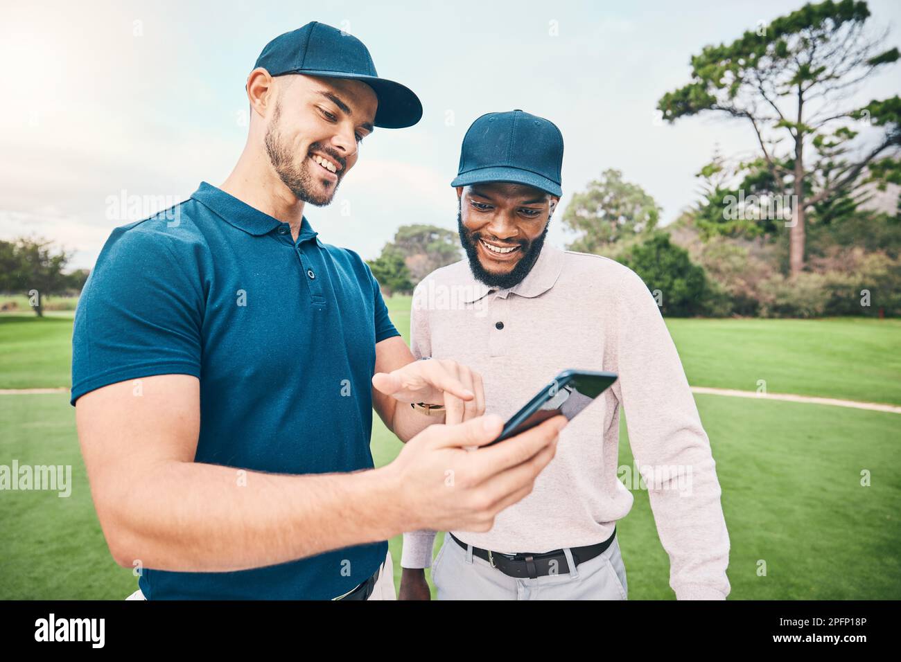 Golf course, men and friends with talk for using phone, smile and ...
