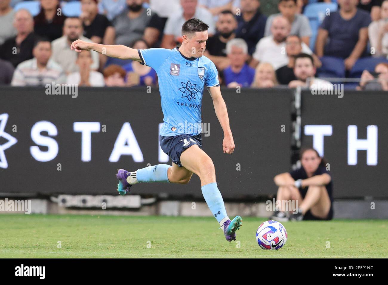 Sydney, Australia. 18th Mar, 2023. Joe Lolley of Sydney FC crosses the ...