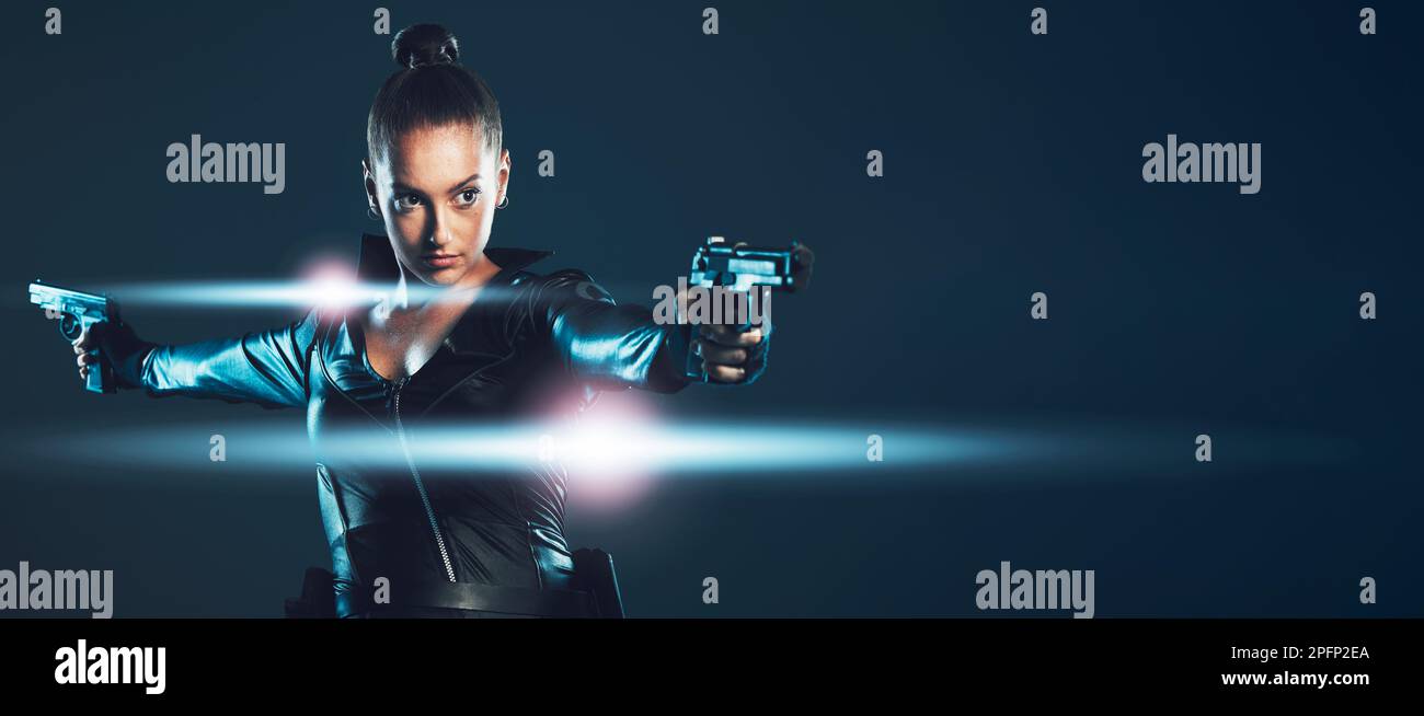 Gun, action and assassin woman isolated on dark background for secret ...