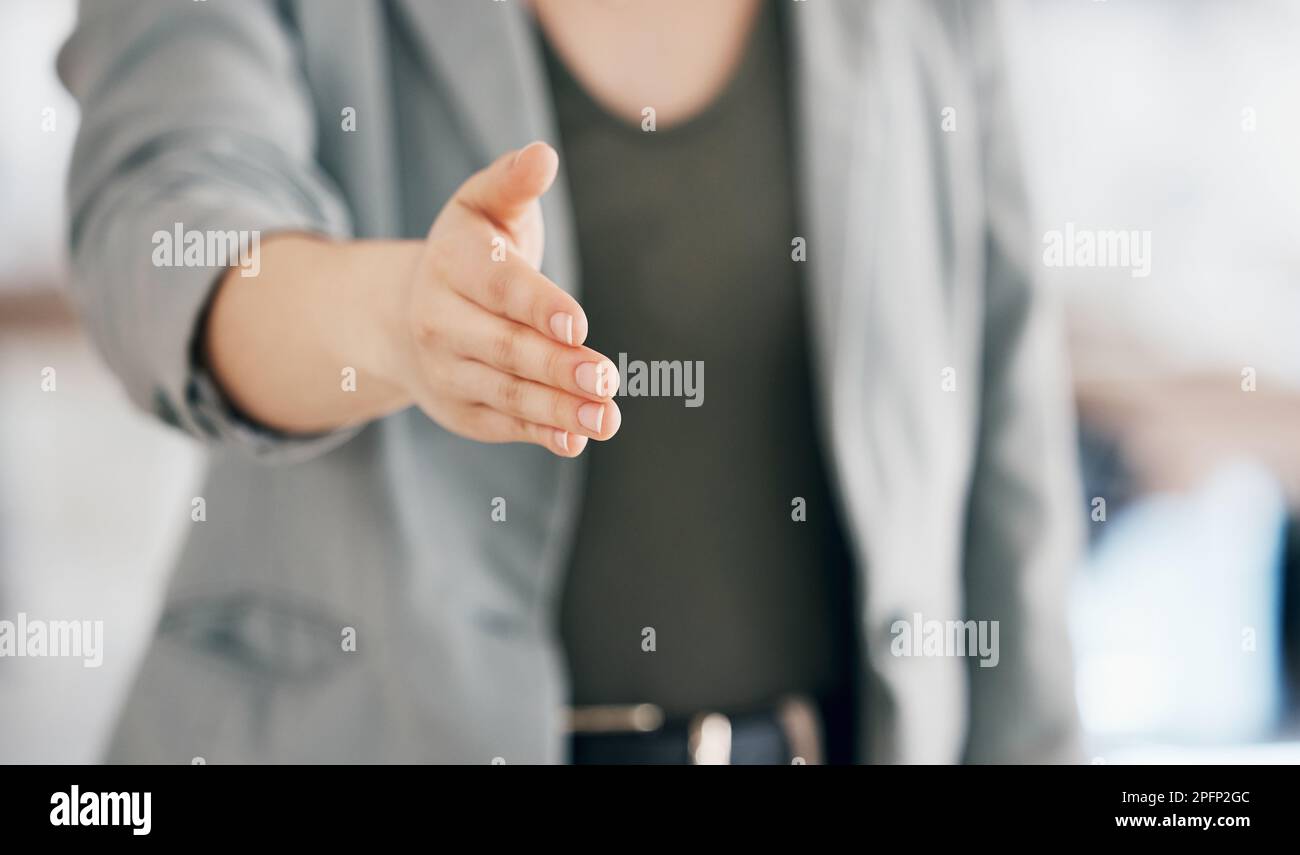 Offer handshake of business woman in welcome, congratulations or thank ...
