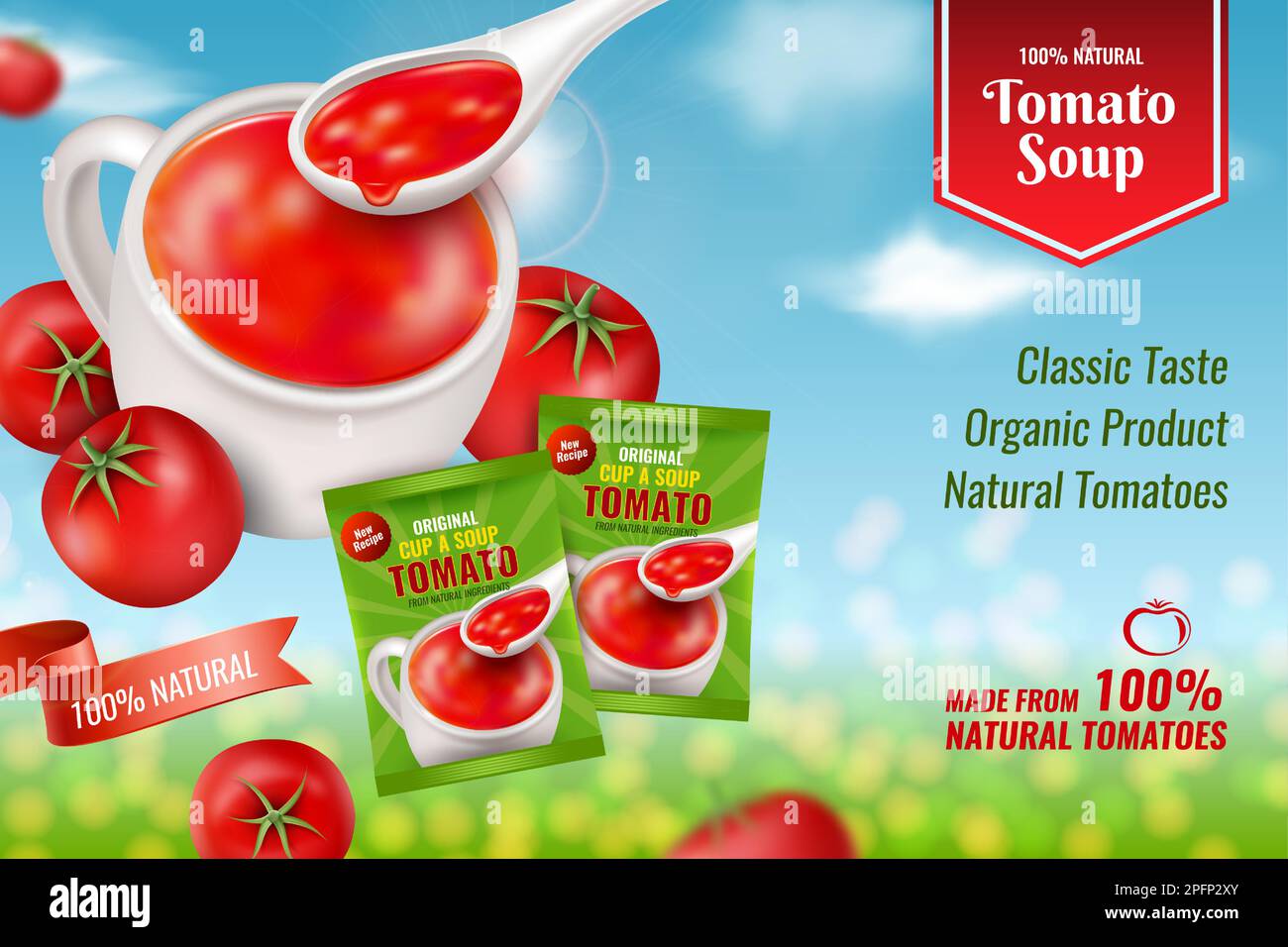 Soup package, realistic tomato cup. Vegetables for juice ad, fresh red ...
