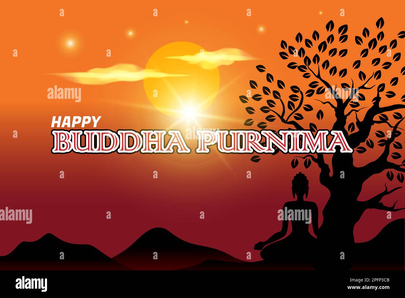 illustration of meditating Buddha view under the tree, sunrise view ...