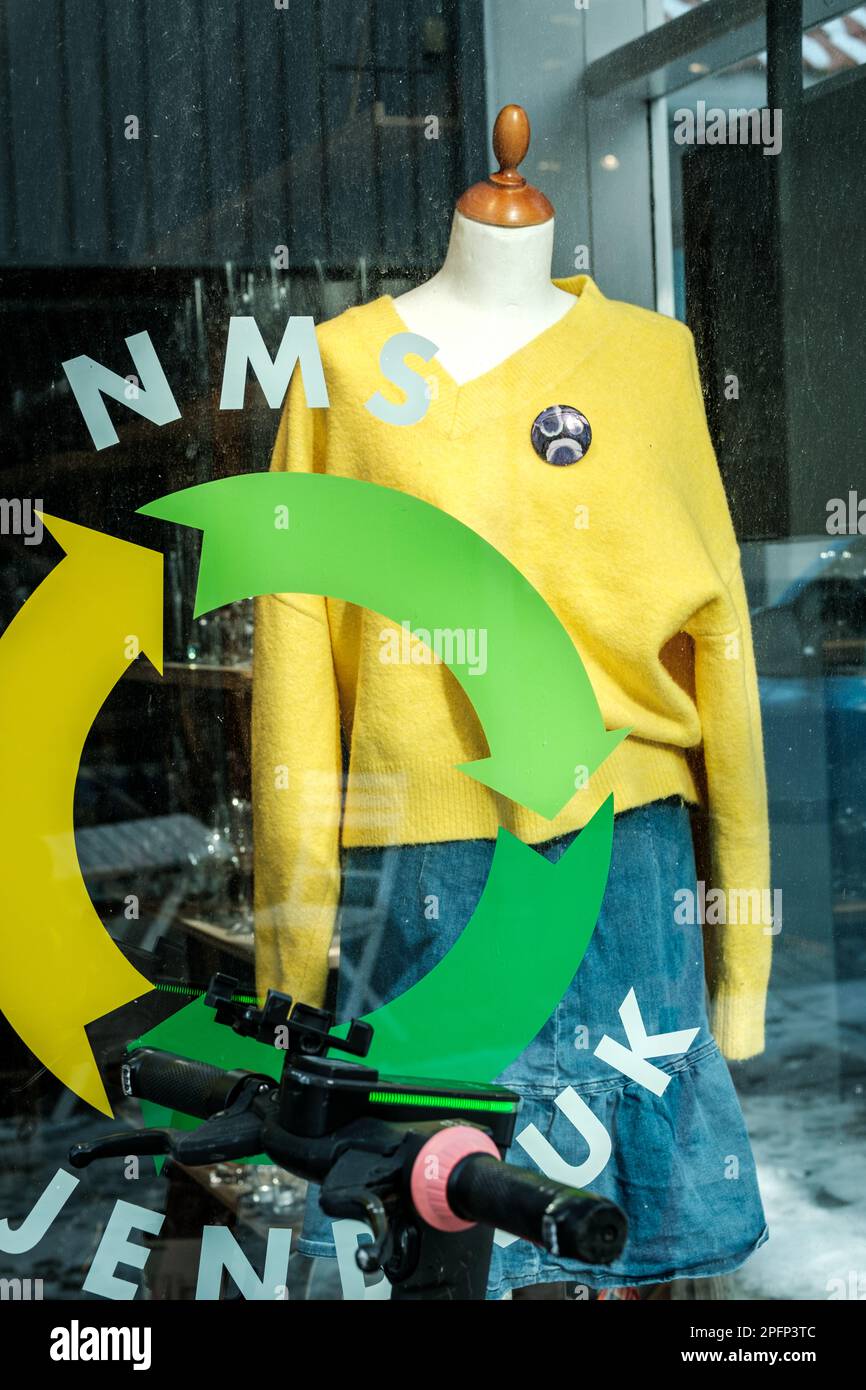 Stavanger, Norway, March 10 2023, Bright Yellow Womans Jumper And Skirt ... Stavanger, Norway, March 10 2023, Bright Yellow Womans Jumper And Skirt ...
