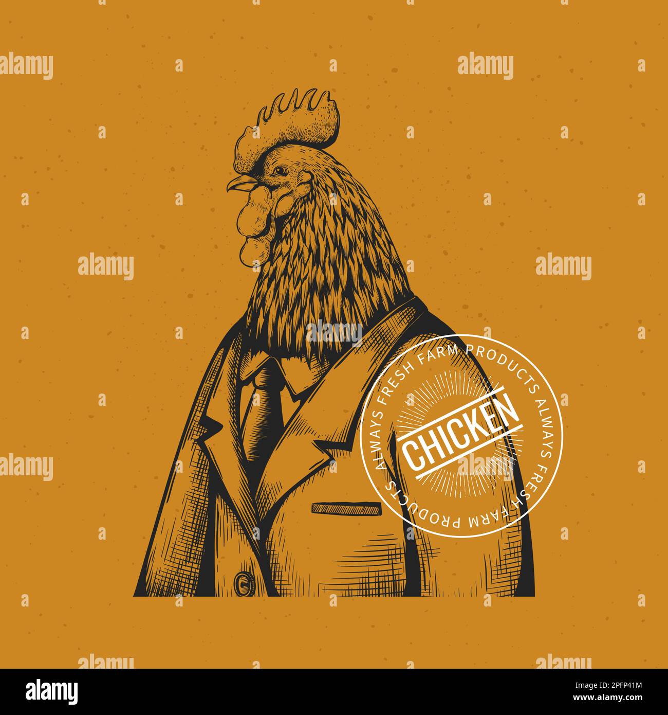 Black engraving hen, rooster brand. Retro male chicken in suit, animal ...