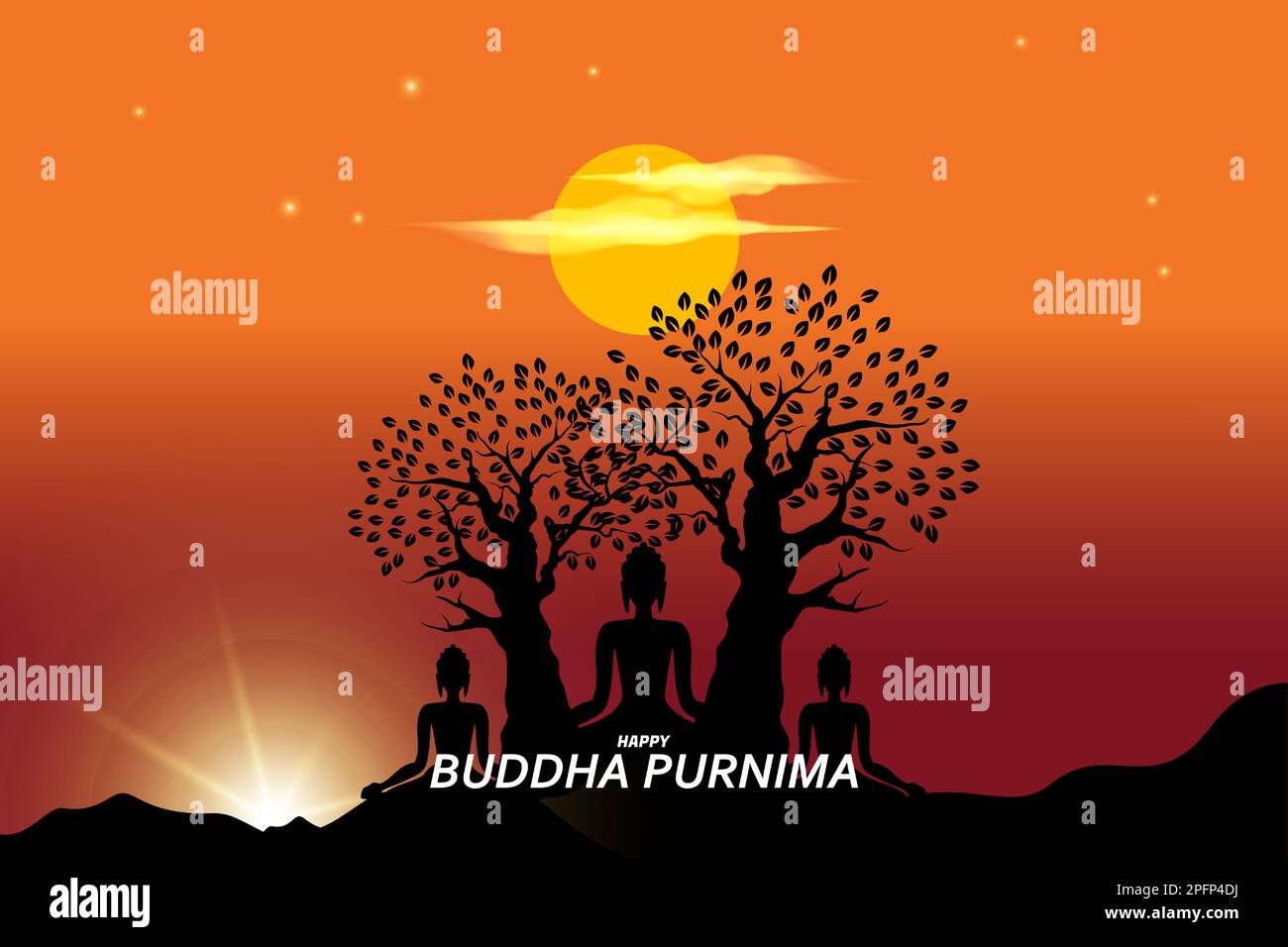 illustration of meditating Buddha under a tree, sunrise view and ...