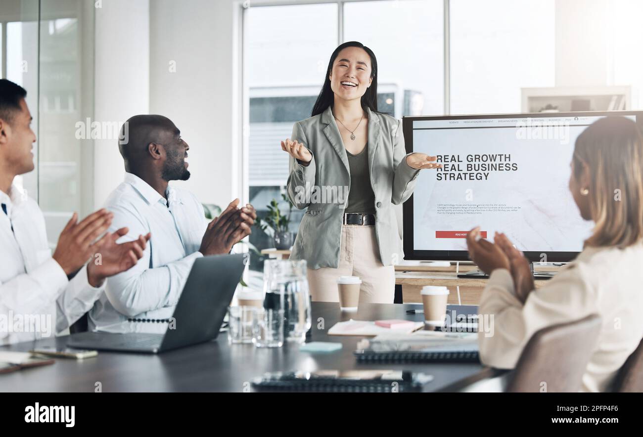 Presentation, clapping and business woman, manager or speaker on screen ...