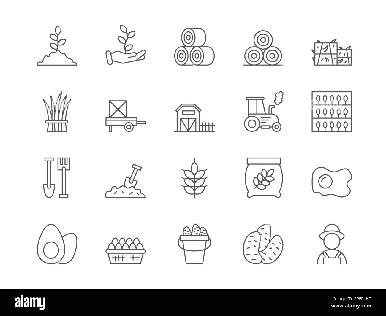 Farm line icons. Agriculture field. Farmer and harvesting tractor ...