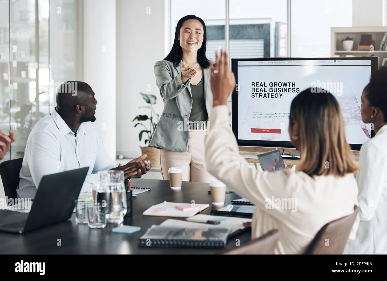 Presentation meeting, questions and business woman proposal for growth ...