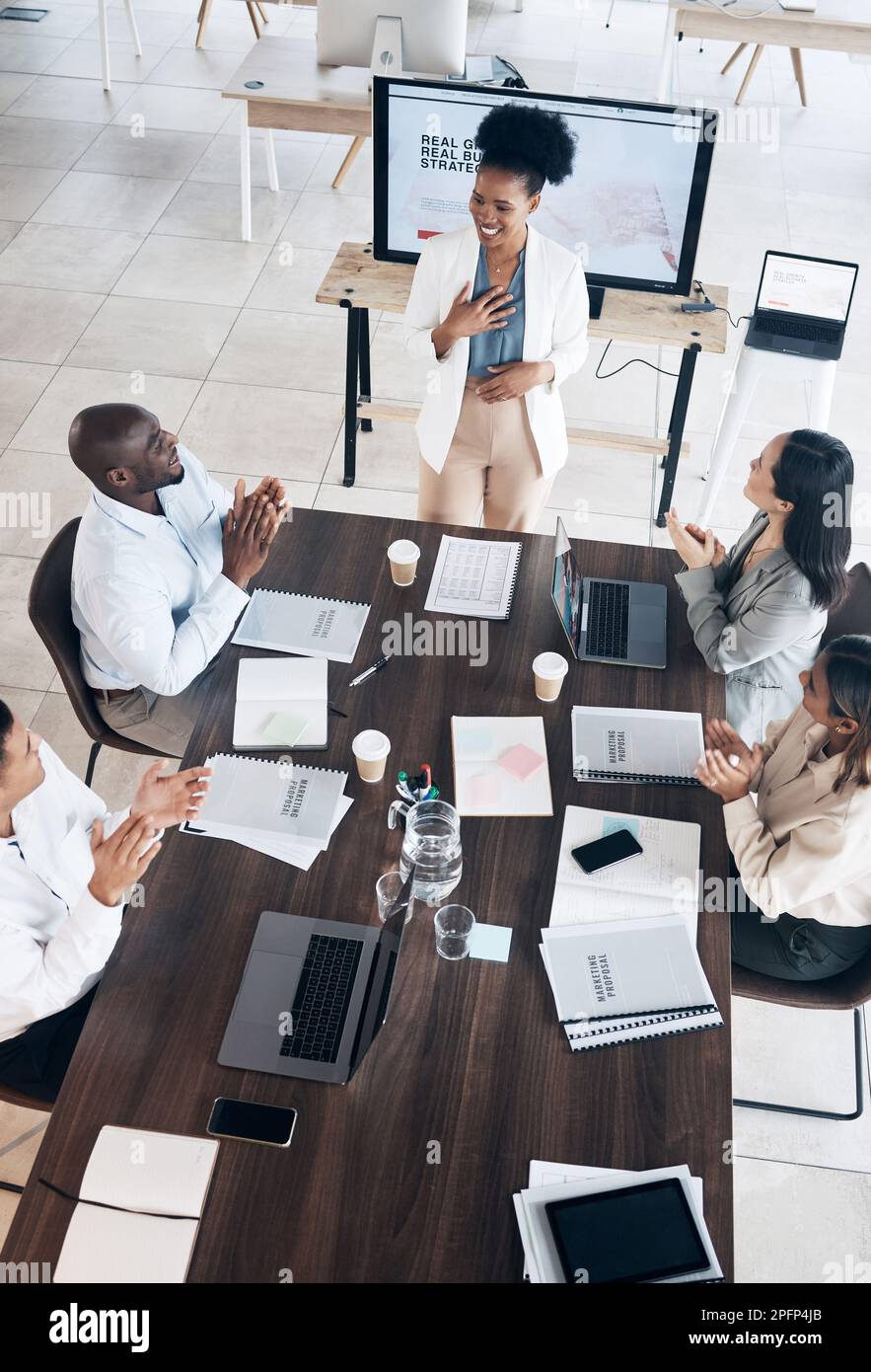 Work presentation, woman presenter and applause from business people in ...