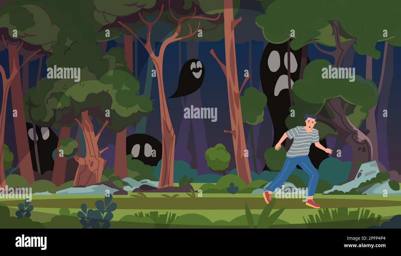 Scared people. Panicked man afraid of ghosts. Fearful wild forest ...