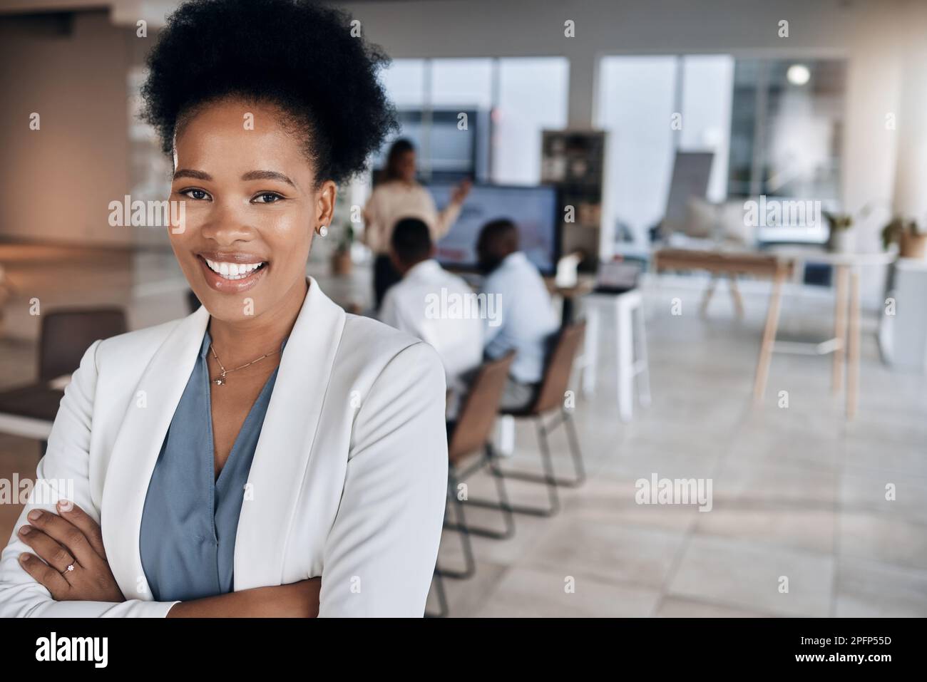 Meeting, black woman portrait and happy business manager in a ...