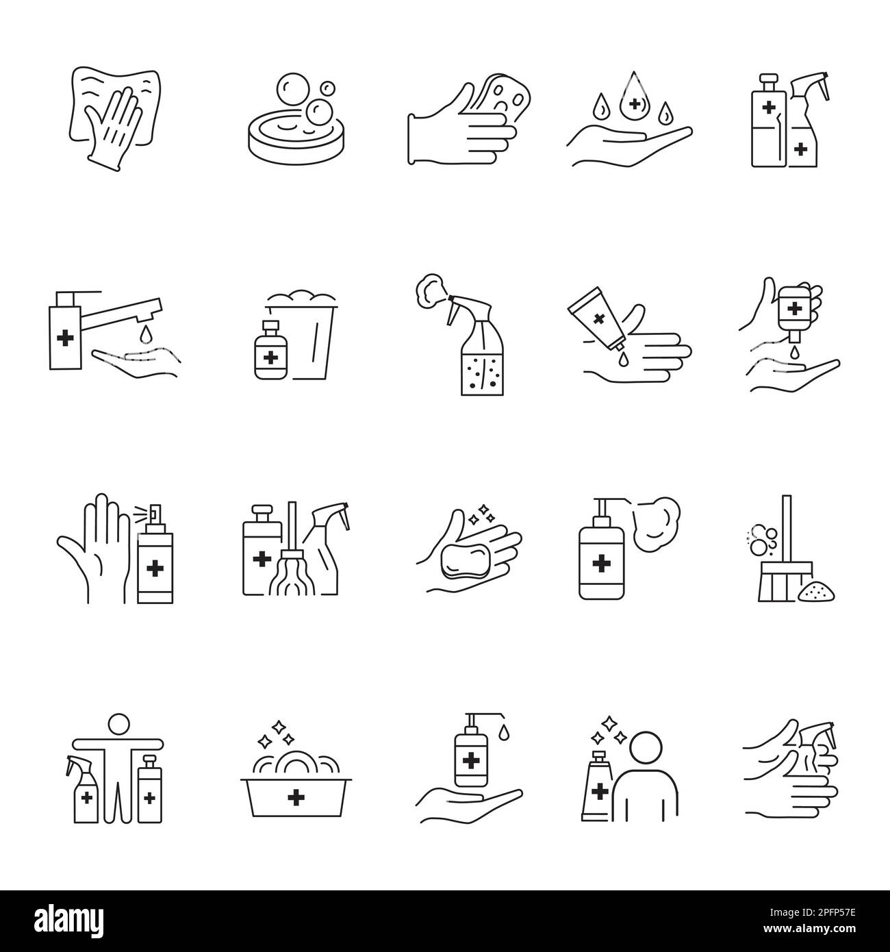 Disinfect line icons. Antibacterial hand spray. Clean symbols. Cleaner ...