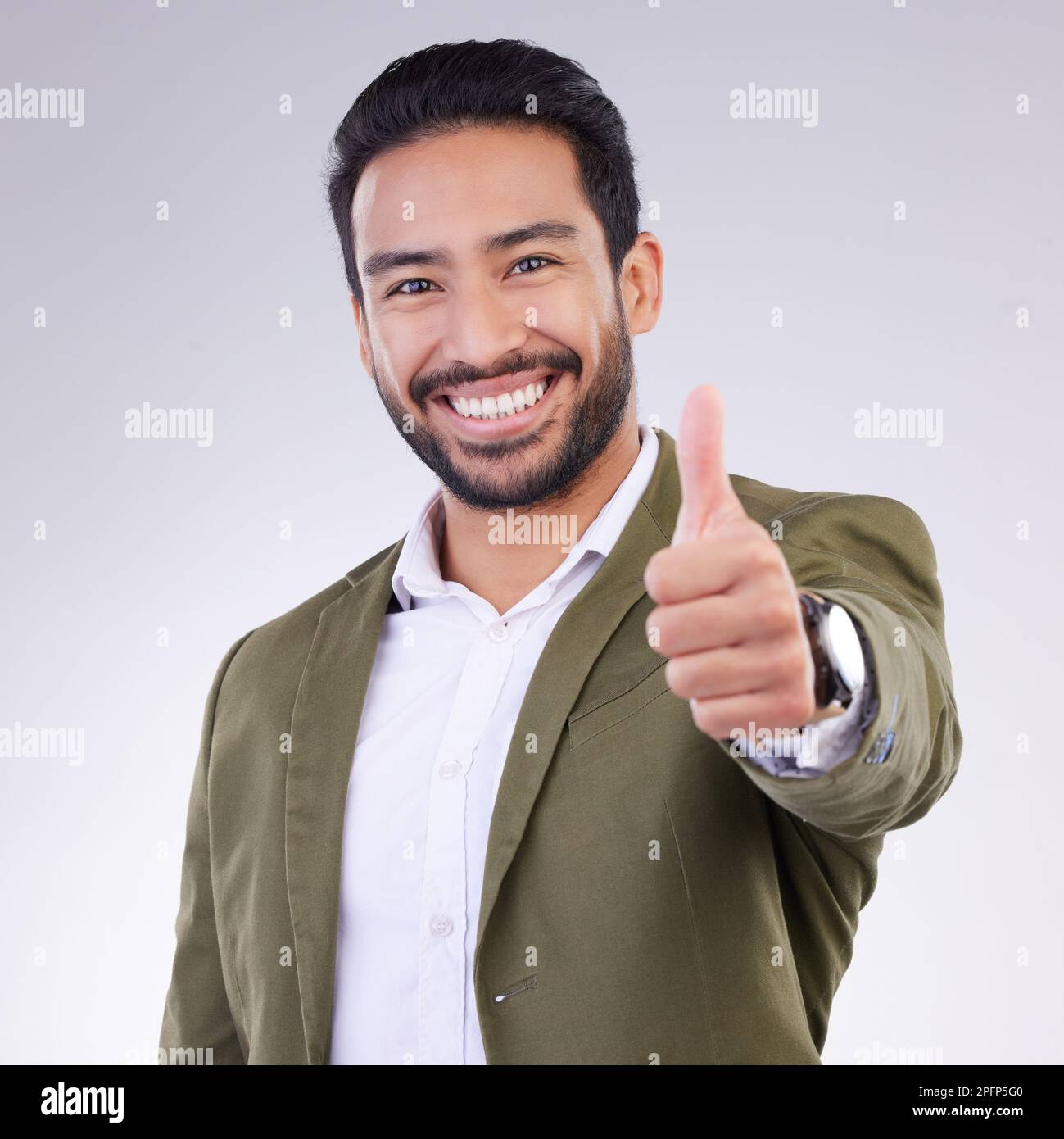 Thumbs up, success and portrait of business man smile and happy for win ...