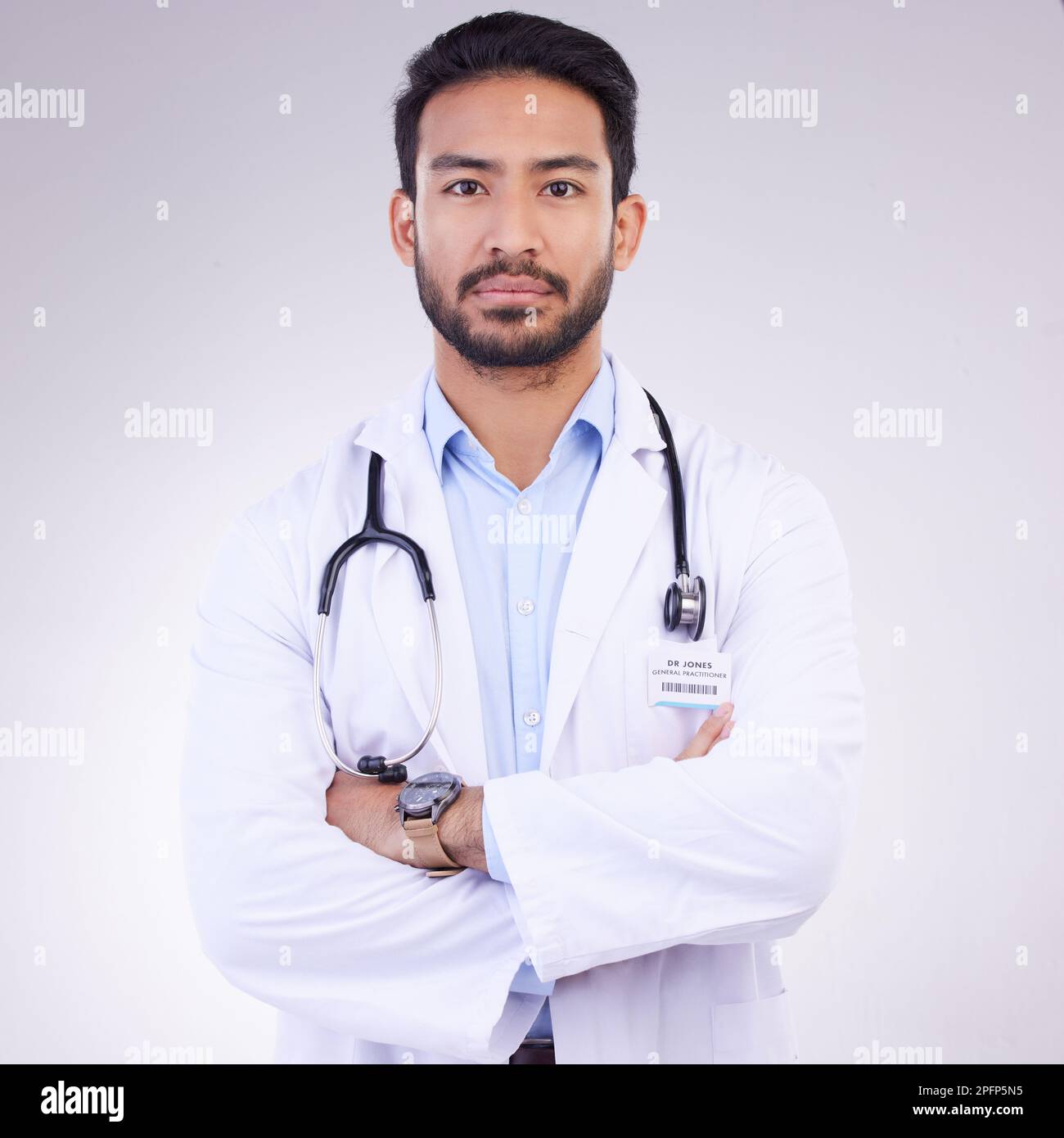 Proud portrait of man or doctor isolated on a white background for ...