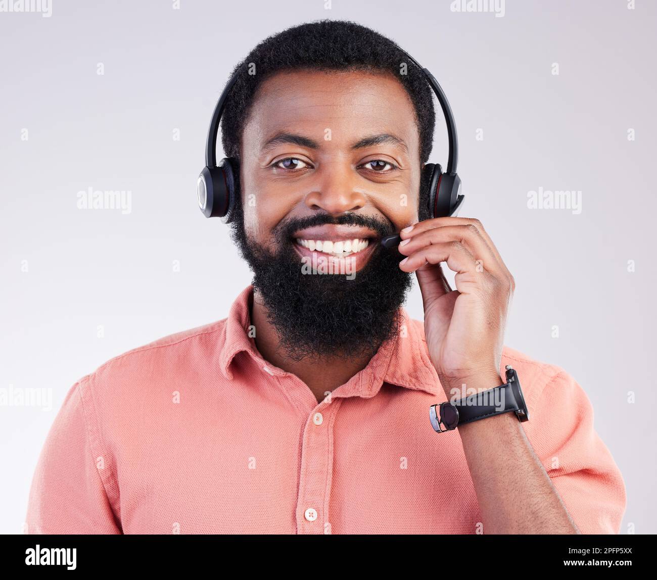 Portrait, call center and black man with headset, telemarketing and ...