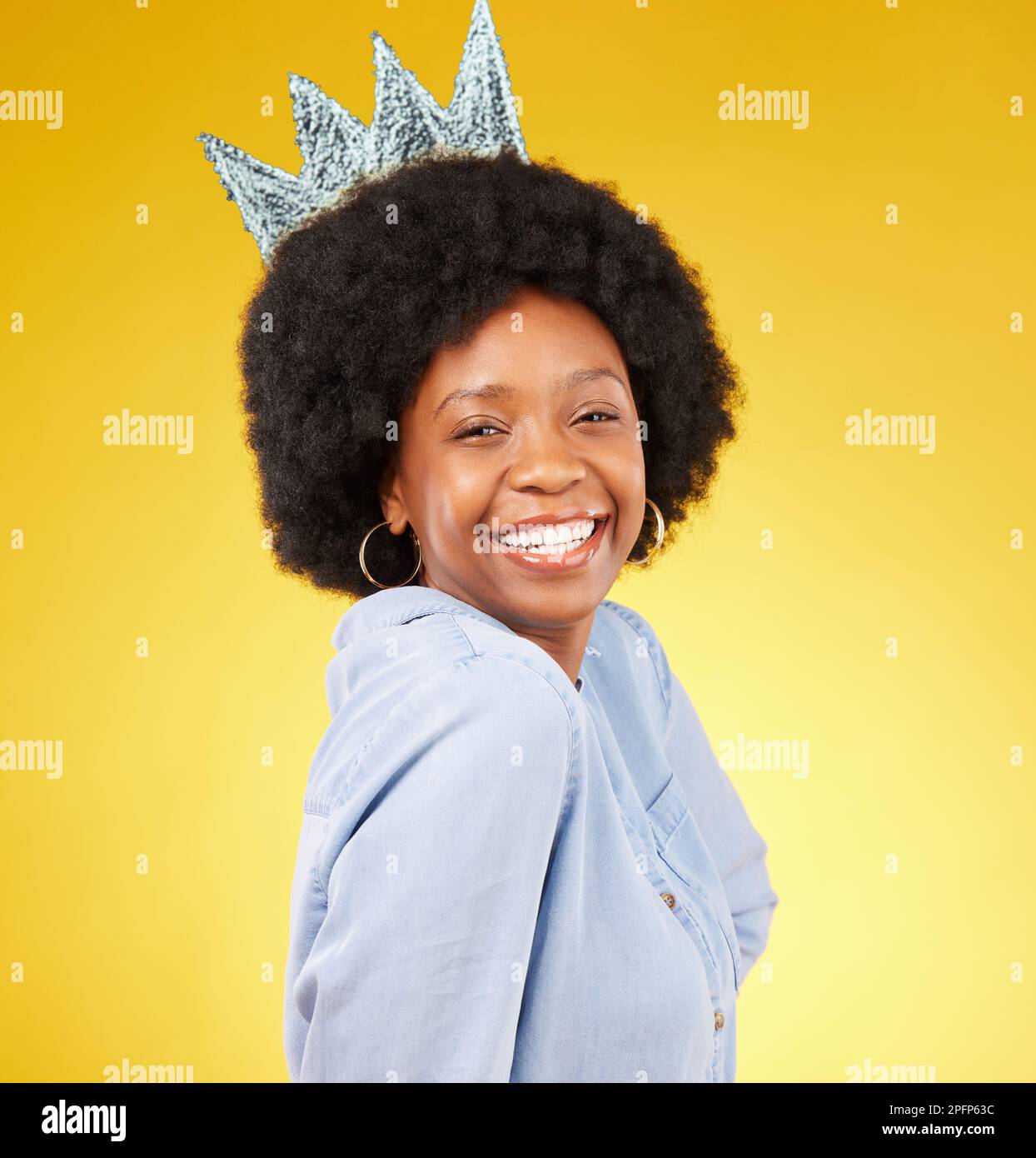 Portrait, queen smile and black woman with crown in studio isolated on ...