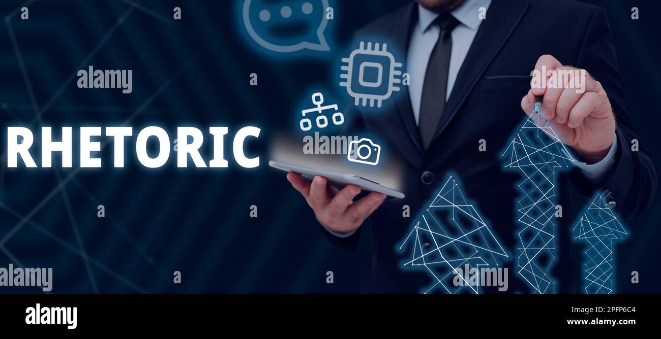 Text caption presenting Rhetoric. Word Written on study of writing or ...