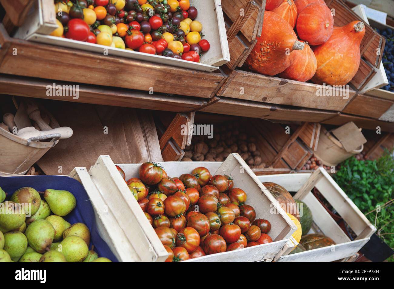 Fruits and vegetables on a store stall Stock Photo - Alamy