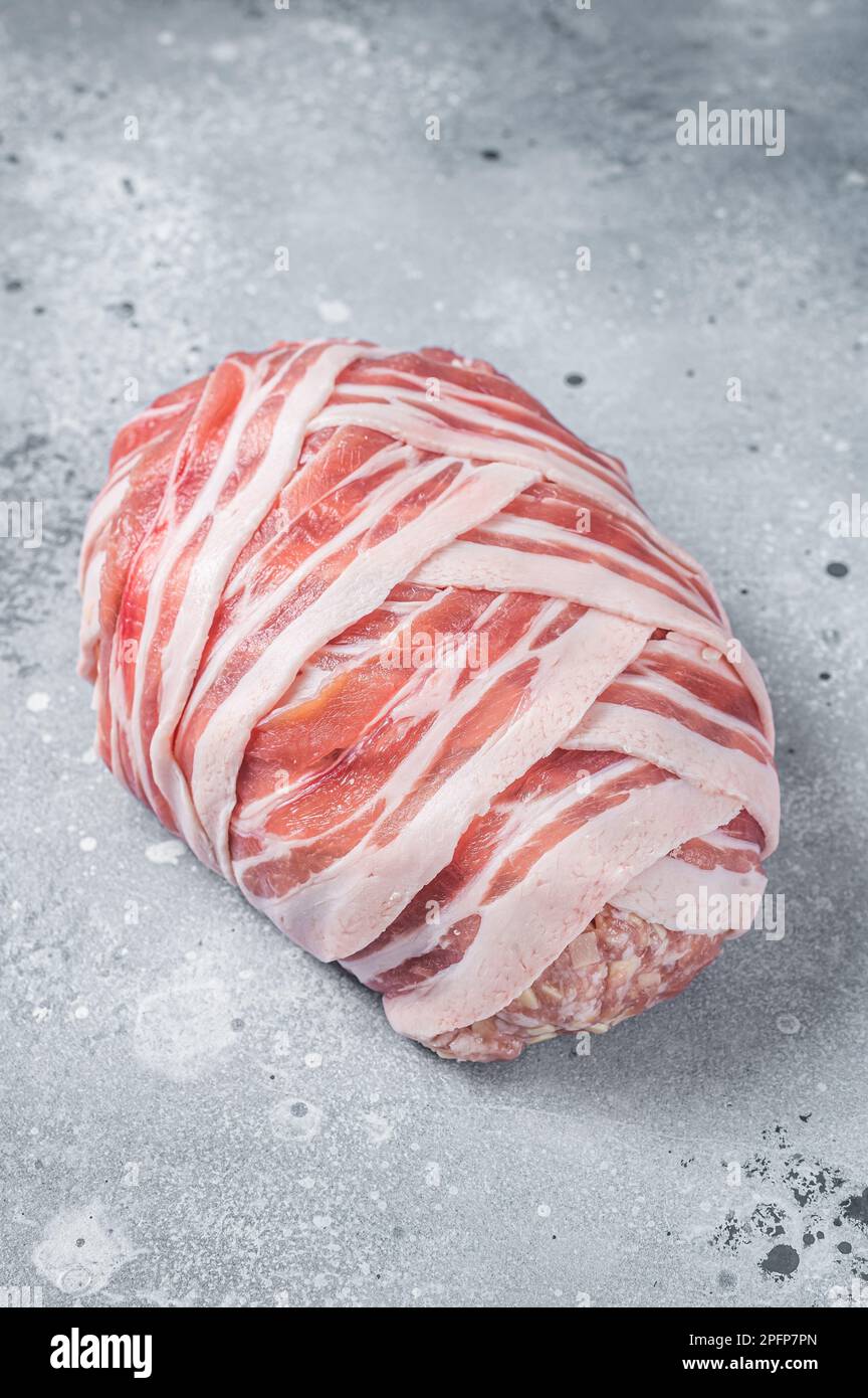 Classic raw meatloaf with ground beef meat and bacon, uncooked meat ...