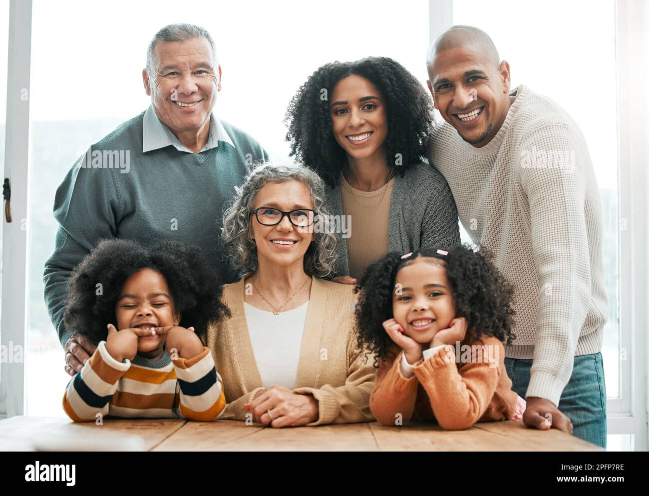 Portrait, generations and family with smile, quality time and support ...